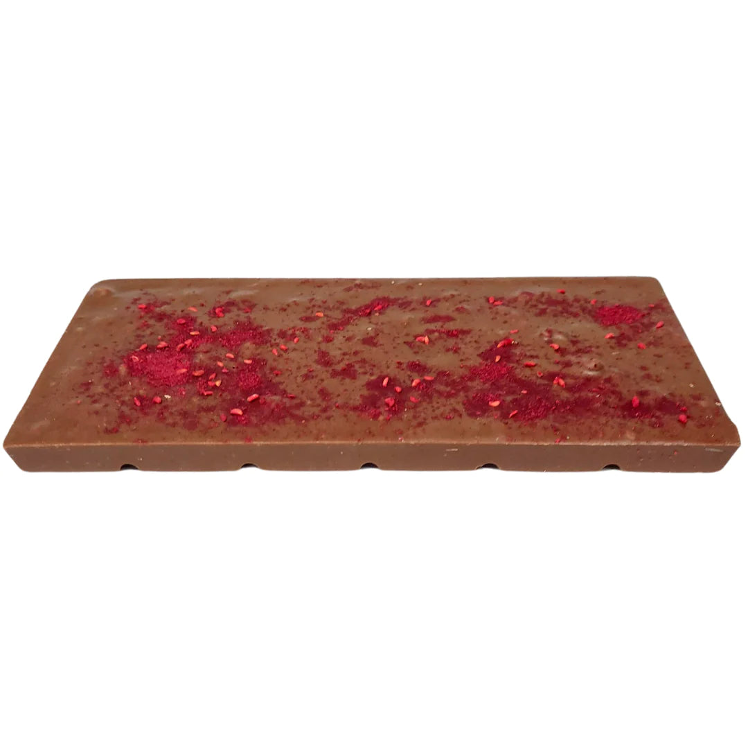 Raspberry and milk chocolate block 100g - Poppy's Chocolate Wholesale